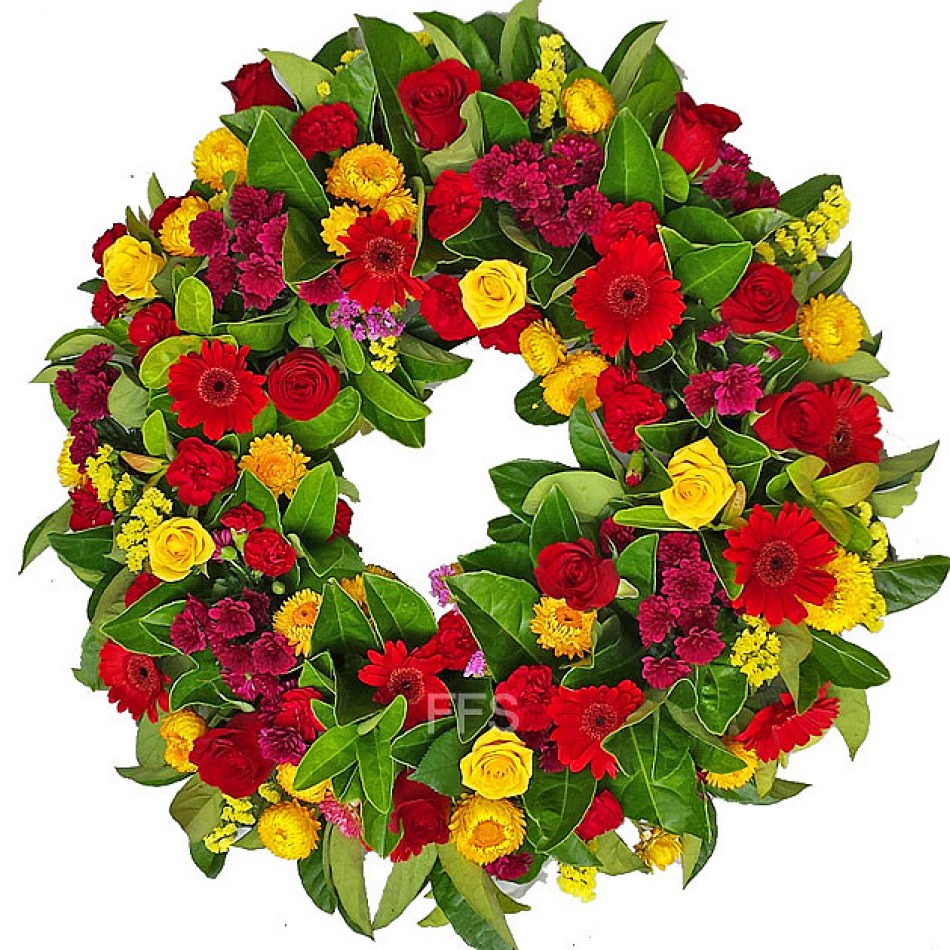 Wreath in Burgundy & Yellow Tones - The Funeral Flower Shop